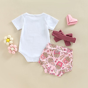 BeQeuewll Newborn Baby Girl Valentines Day Outfit Sweet Heart Letter Print Short Sleeve T-Shirt Romper Elastic Shorts Headband 3Pcs Summer Clothes (Sweat Hears Club-Pink, 18-24 Months)