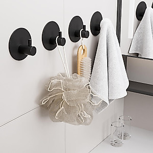 Oasiteege Adhesive Towel Hooks for Bathroom, Stainless Steel Wall Towel Holder Rack for Hanging, Stick on Waterproof Coat Hanger for Shower RV Apartment Renter, 4 Pack Black Bathroom Accessories Decor