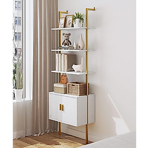 Yusong 73" Tall Bookshelf with Cabinet, Industrial Ladder Wall Mount Shelf Bookcase with Wood and Metal Frame, Plant Shelf Wall Storage Display for Living Room Bedroom, White Gold