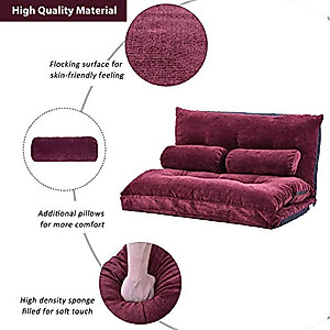 Merax Lazy Sofa Bed, Five Position Adjustable Folding Floor Couch with 2 Pillows, Futon Love Seat Sofa for Living Room, Bedroom, Stury Room (Burgundy)
