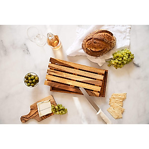 Villa Acacia Wood Bread Board - 12 x 7 in Handcrafted Wooden Cutting Board Slicer Tray with Handle﻿ Medium