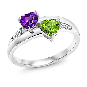 Gem Stone King 925 Sterling Silver Purple Amethyst Green Peridot and White Lab Grown Diamond Ring For Women (0.98 Cttw, Heart Shape 5MM, Gemstone Birthstone, Available In Size 5, 6, 7, 8, 9)