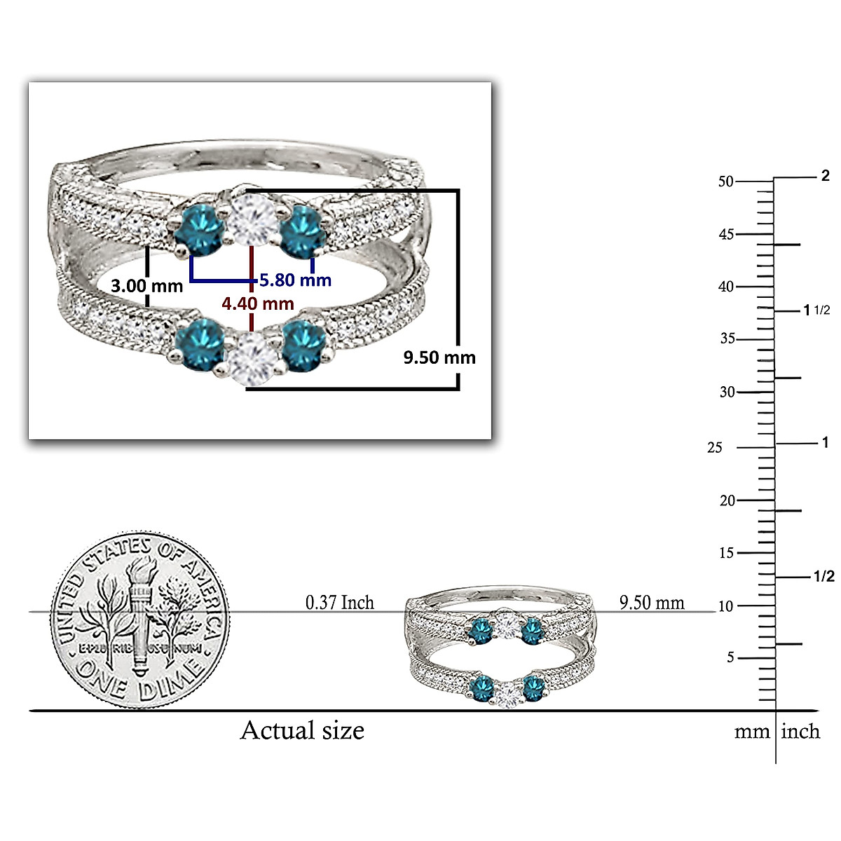 Dazzlingrock Collection 0.60 Carat (Ctw) Round Blue & White Diamond Contour Double Guard Enhancer Wedding Ring for Her in 10K White Gold, Size 6.5