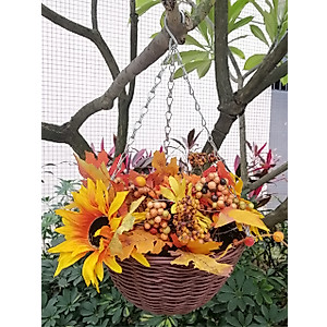 ELFENGARDEN Sunflower Hanging Basket Decorative Indoor Outdoor - Basket with Artificial Daisy Hanging Plant for Living Room Home Office Garden - 10 LEDs Light Up Autumn Flower Hanging Basket