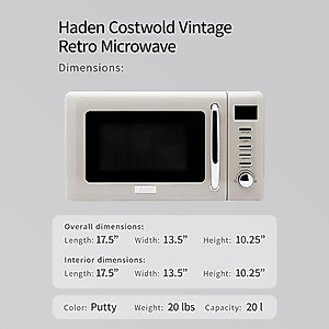 Haden Cotswold Vintage Retro 700 Watt Countertop Microwave Oven Kitchen Appliance with Turntable, Pull Handle, and 5 Power Levels, Putty