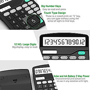 Calculators, Splaks 2 Pack Standard Functional Desktop Calculators Sola and AA Battery Dual Power Electronic Office Calculator with 12-Digit Large Display (1 Basic Black&1 Updated Silver)