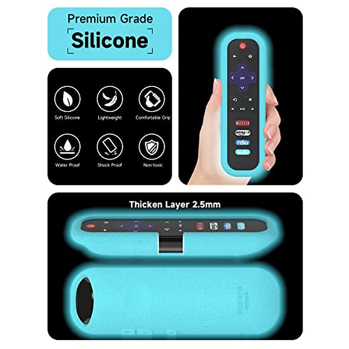 Remote Case for Roku Smart TV RC280 RC282 URC280J XRC280J Remote Control Universal Replacement Lightweight Silicone Case Cover Sleeve Skin with Lanyard for Roku TV Remote(Glow in Dark-Blue)