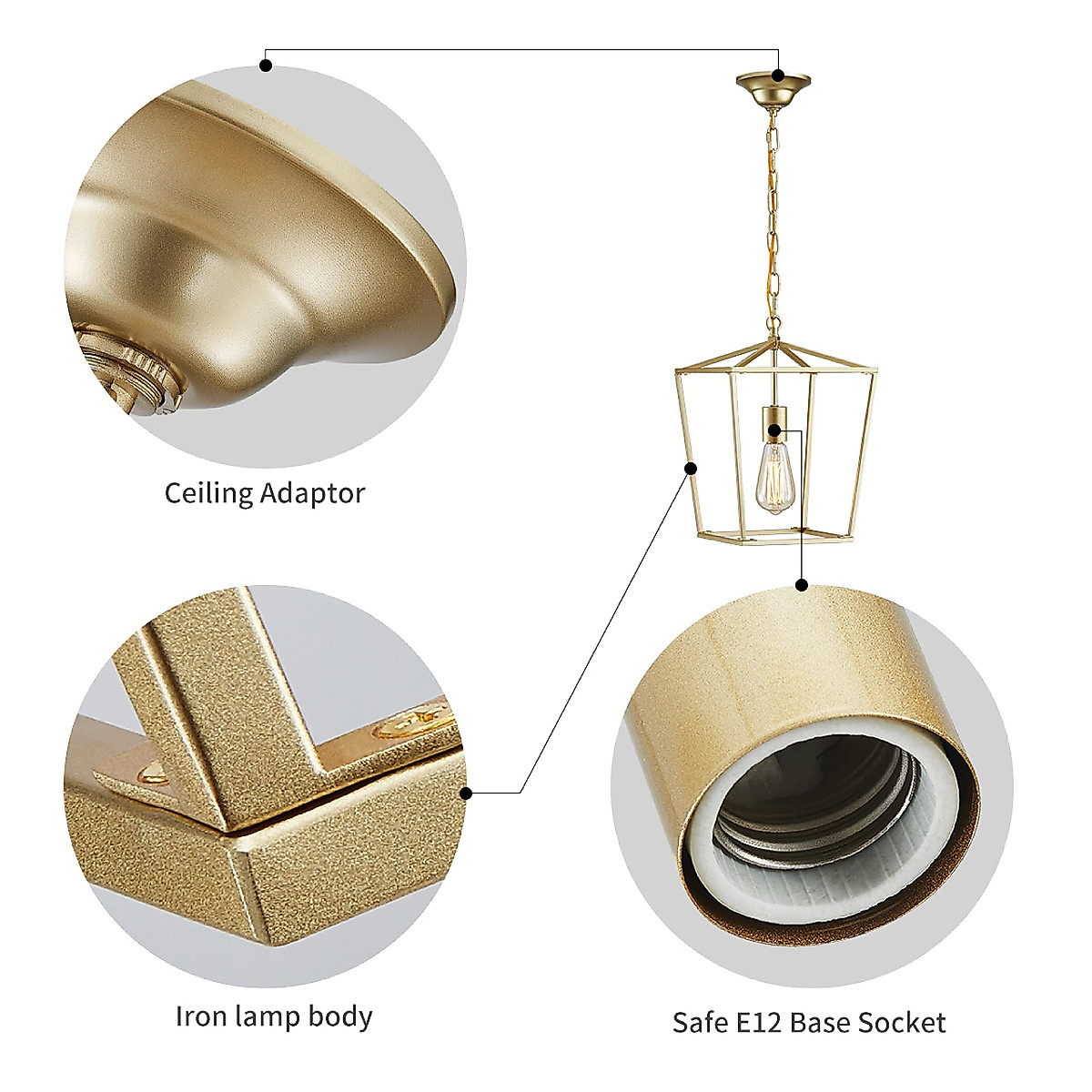 ANJIADENGSHI Lantern Pendant Light Lantern Iron Cage 1 E26 Bulbs Gold Chandelier for Dining Room Kitchen(Bulbs Not Included)