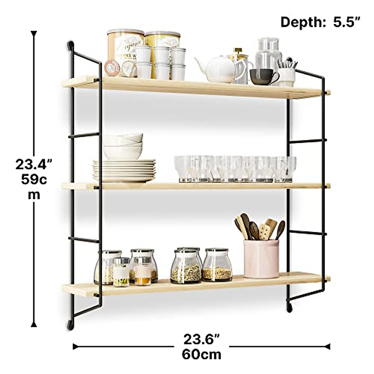 BENOLDY, 3 Tier Classic Black Metal Frame Wall Mounted Floating Shelf with Pine Wood Rack - Decorative Storage Wall Shelves for Bathroom, Kitchen, Living Room, and Bedroom Organization