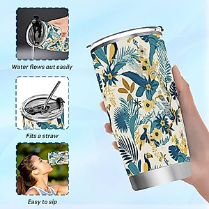 Tropical Style Leaves and Bird Pattern Yellow and Blue Stainless Steel cups with lids with Straw Lid coffee mug to go for outdoor safe insulated tumbler with lid 20 OZ