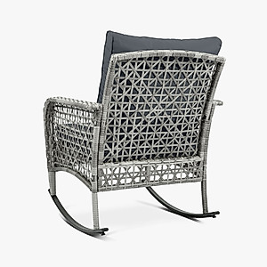 CIRMUBUY 3-Piece Outdoor Furniture Set, Patio Conversation Chair, Wicker Cushioned Patio Rocker with Side Table for Porch, Garden, Poolside & Deck, Dark Grey