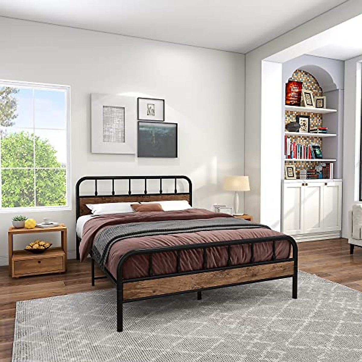 JURMERRY Metal Platform Bed Frame with Wooden Headboard and Footboard Heavy Duty Steel Support, Mattress Foundation, No Box Spring Needed, Easy Assembly, Queen Black