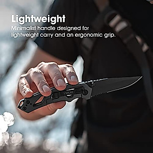 TRUE Tactical Knife | Partially Serrated Knife Blade with Lightweight Minimalist Handle Featuring Emergency Glass Breaker and Pocket Clip, Black, One Size