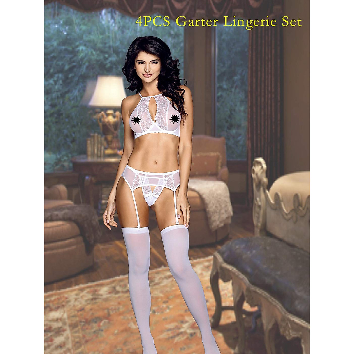 XSPICE White Garter Lingerie For Women,Lingerie Set Garter Belts And Stocking Sets 4PCS