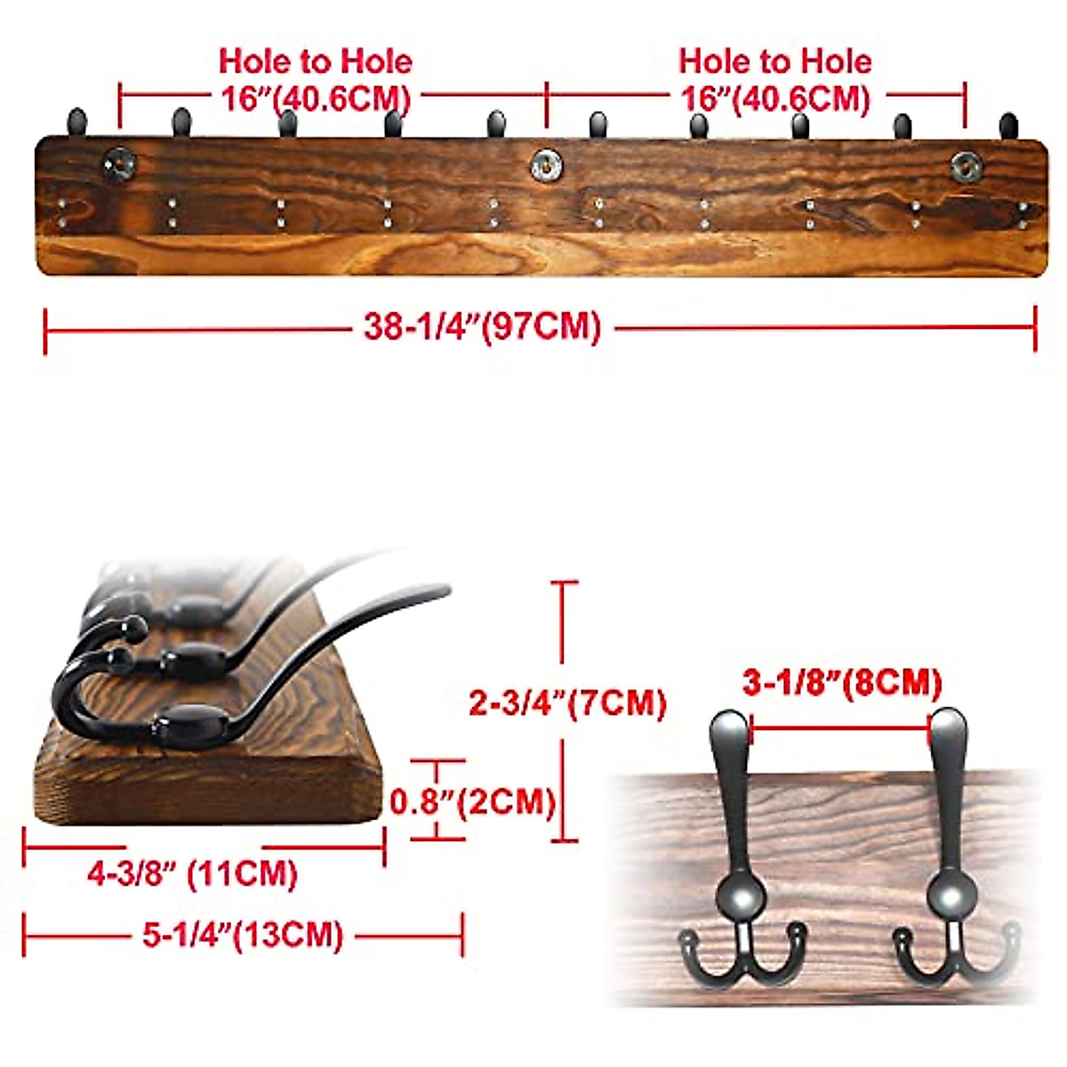 Dseap Coat Rack Wall Mounted - 10 Tri Hooks, 38-1/4" Long, Heavy Duty Wooden Wall Coat Hanger Coat Hook for Clothes Hat Jacket Clothing, Natural & Black