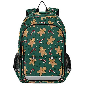 JHKKU Gingerbread Man Candy Cane School Backpack for Boys Girls Portable Wide Shoulder Strap Elementary School Bag Lightweight Travel Daypack with Reflective Strip