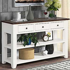 Gecheer 48" Solid Pine Wood Top Console Table, Modern Entryway Sofa Side Table with 3 Storage Drawers and 2 Shelves. Easy to Assemble (Antique White+ Brown Top) 2497B