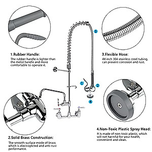 KANONEY Commercial Sink Sprayer with 45" Flexible Stainless Steel Hose, Pre-Rinse Dish Spray Valve Replacement Kit Assembly Sprayer Nozzle Head for Industrial Restaurant Kitchen Faucets, Gray
