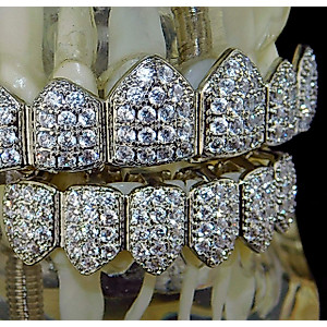CZ Grillz Set Silver Tone Cubic Zirconia Micro Pave Bling Teeth Top & Bottom Row Iced Hip Hop Grills