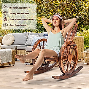 Spurgehom Outdoor Wood Rocking Chair, Wagon Wheel Decor Armrest Yard Glider Rocking Patio Chair with Slatted Design, Adirondack Rocking Chair for Porch Lawn Garden Balcony Poolside, Brown