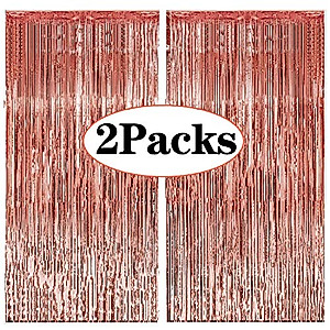 2PCS Rose Gold Foil Fringe Curtains Photo Backdrop,3ft x 8.3ft Metallic Tinsel Curtains for Birthday Wedding Engagement Bachelorette Party Bridal Shower Baby Shower Decorations Favors Supplies