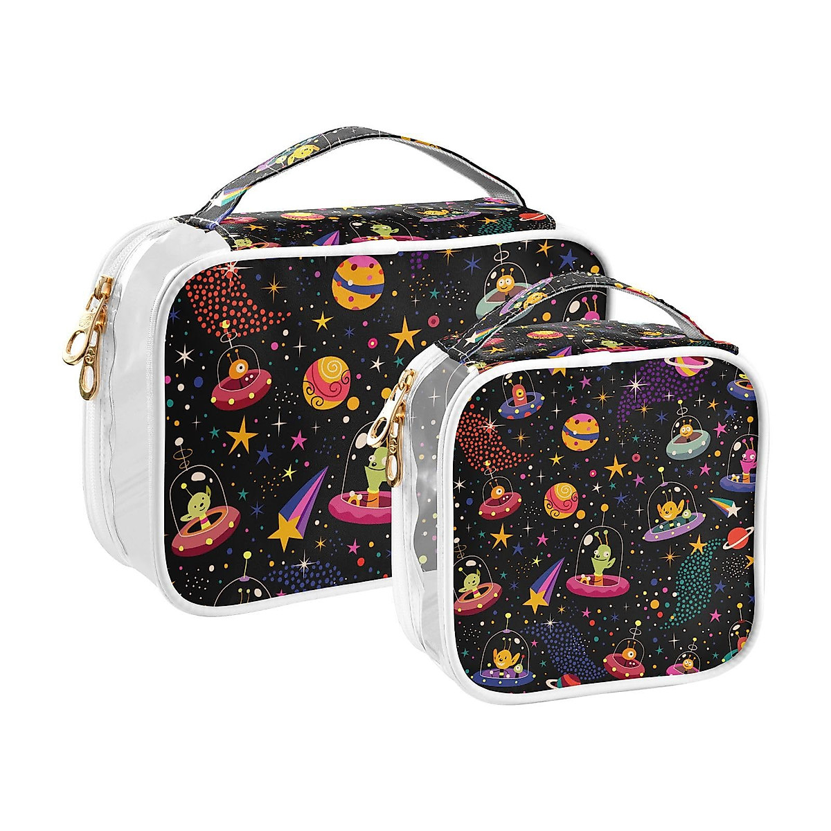 Cute Alien Planet Stars 2 Pieces Clear Makeup Cosmetic Toiletry Bags for Women Men PVC Waterproof Portable Travel Storage Carry Pouch with Gold Zippers Organizer Case for Organizing Traveling