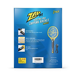 ZAP iT! Electric Fly Swatter Racket, Mosquito & Fly Zapper Racket - High Duty 4,000 Volt Electric Handheld Bug Zapper Racket - Fly Killer USB Rechargeable Indoor Safe - 2 Pack (Large, Yellow)