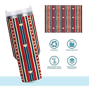 ODAWA Stainless Steel Insulated Tumblers Large with Handle and Straw, Red Blue Stripes Hearts Insulated Travel Tumbler