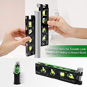 Huepar Torpedo Level, Magnetic Conduit Level with 4 Vials, 6.2 inch Aluminum Alloy Construction Spirit Level with V-Groove and Magnet Track, High Precision Bubble Level, Double Scale, Thumb Screw-TL13