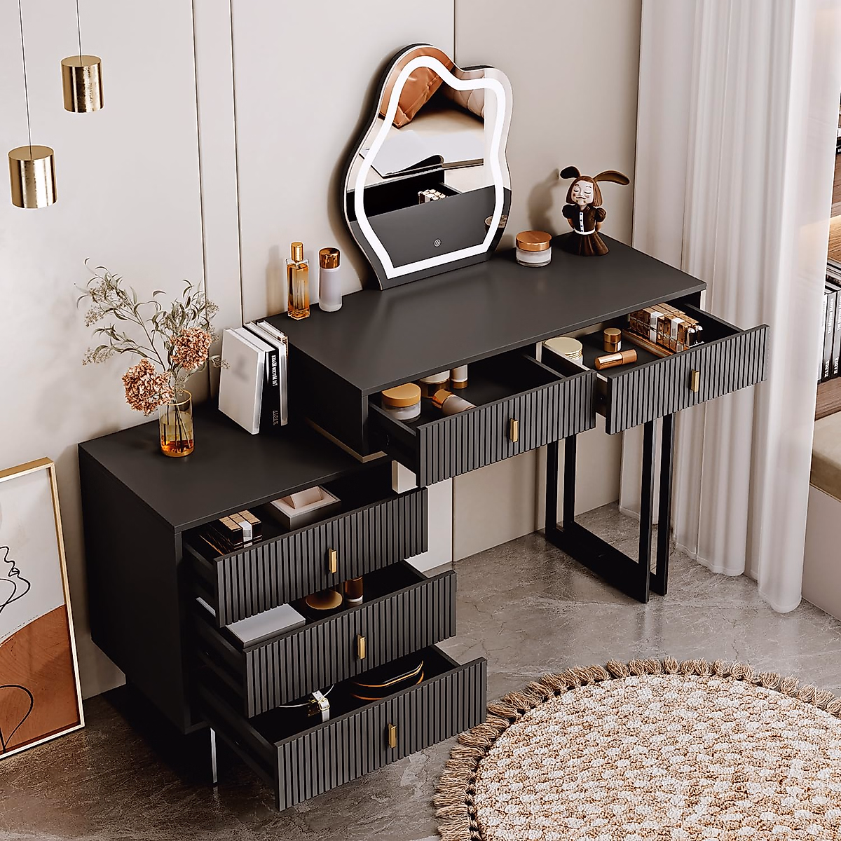 Black Vanity Desk with Mirror and Lights,Small Makeup Vanity with 5 Drawers，Modern Makeup Table with Adjustable Cabinet for Bedroom,Makeup Room