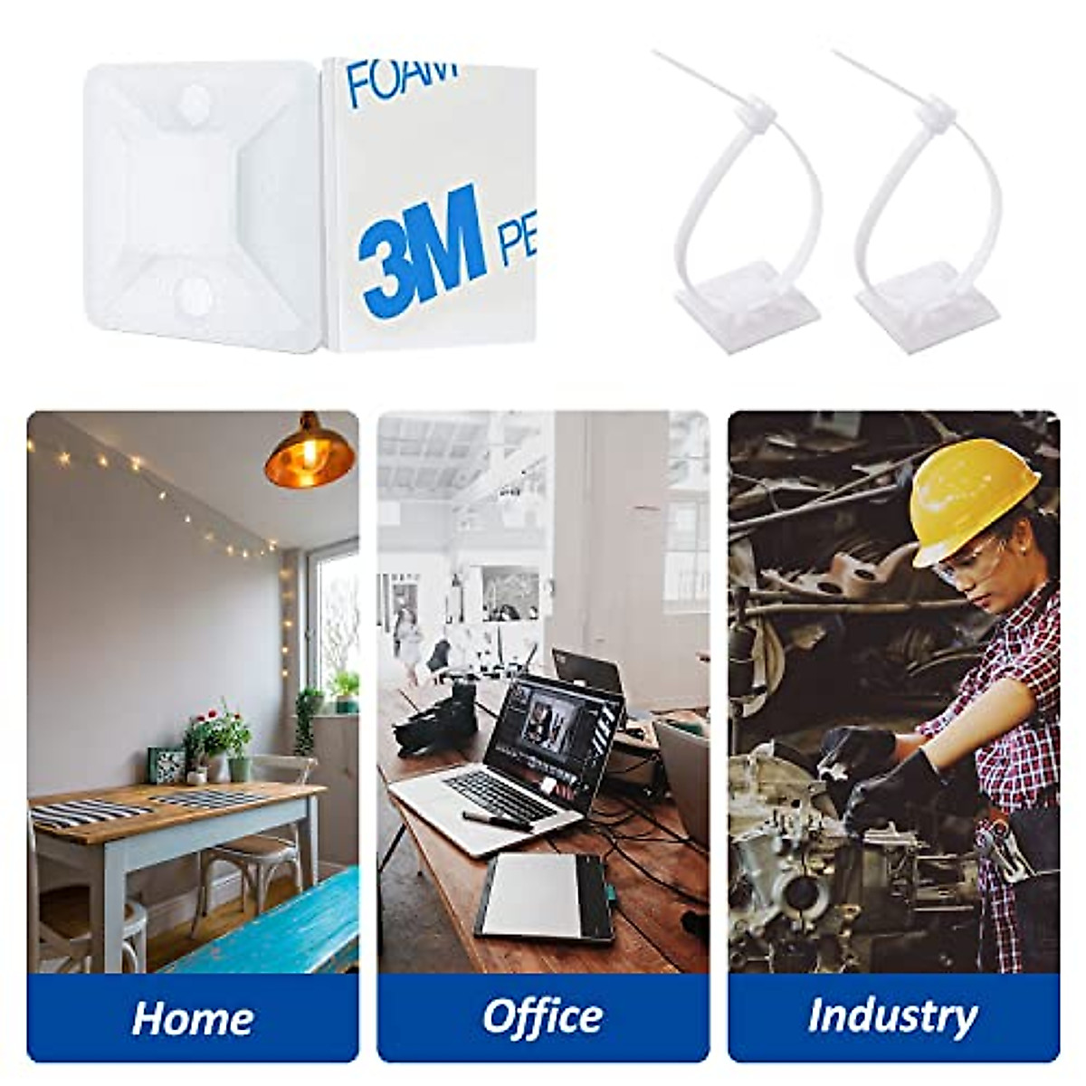 Strong Back-Glue Self Adhesive Cable Zip Tie Mounts Kit - 100 Set Cable Management Clips with 6" Zip Ties, Wire Holders and Screws - Outdoor Sticky Wire Organizer Clips - White