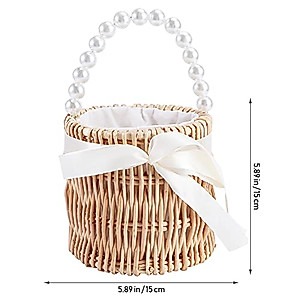 IMIKEYA Wicker Storage Basket Rattan Handbags Straw Flower Girl Basket Rustic Wedding Ring Bearer with Pearl Handle Summer Beach Tote Bag for Summer Photo Prop Wicker Hamper