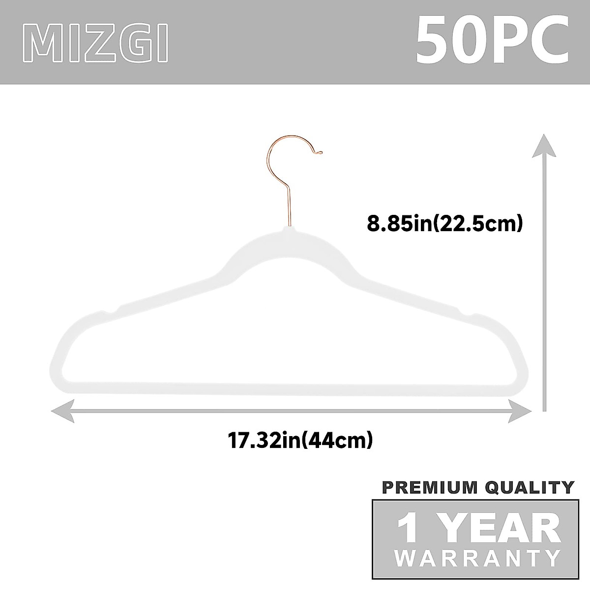 MIZGI Premium Velvet Hangers (50 Pack) Heavy Duty - Non Slip Felt Hangers - White - Rose Gold Swivel Hooks,Space Saving Clothes Hangers,Durable Strong Hangers for Suits,Coats,Dress