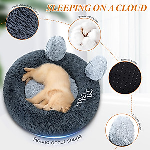 Calming Round Pet Bed for Medium Dogs - Donut Washable Medium Dog Bed, Anti-Slip Fluffy Plush Faux Fur Cat Bed, Fits up to 45 lbs Pets, 30" Grey