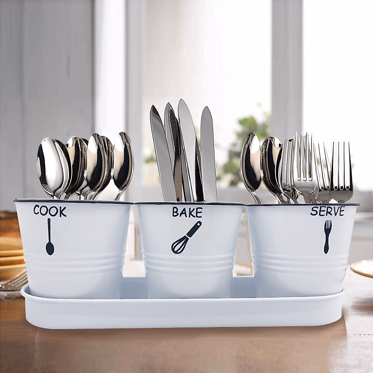 Hydrone Design Metal Utensil Holder Set with Tray, Kitchen Utensil Storage Caddy Flatware Organizer,White Farmhouse Countertop Decor