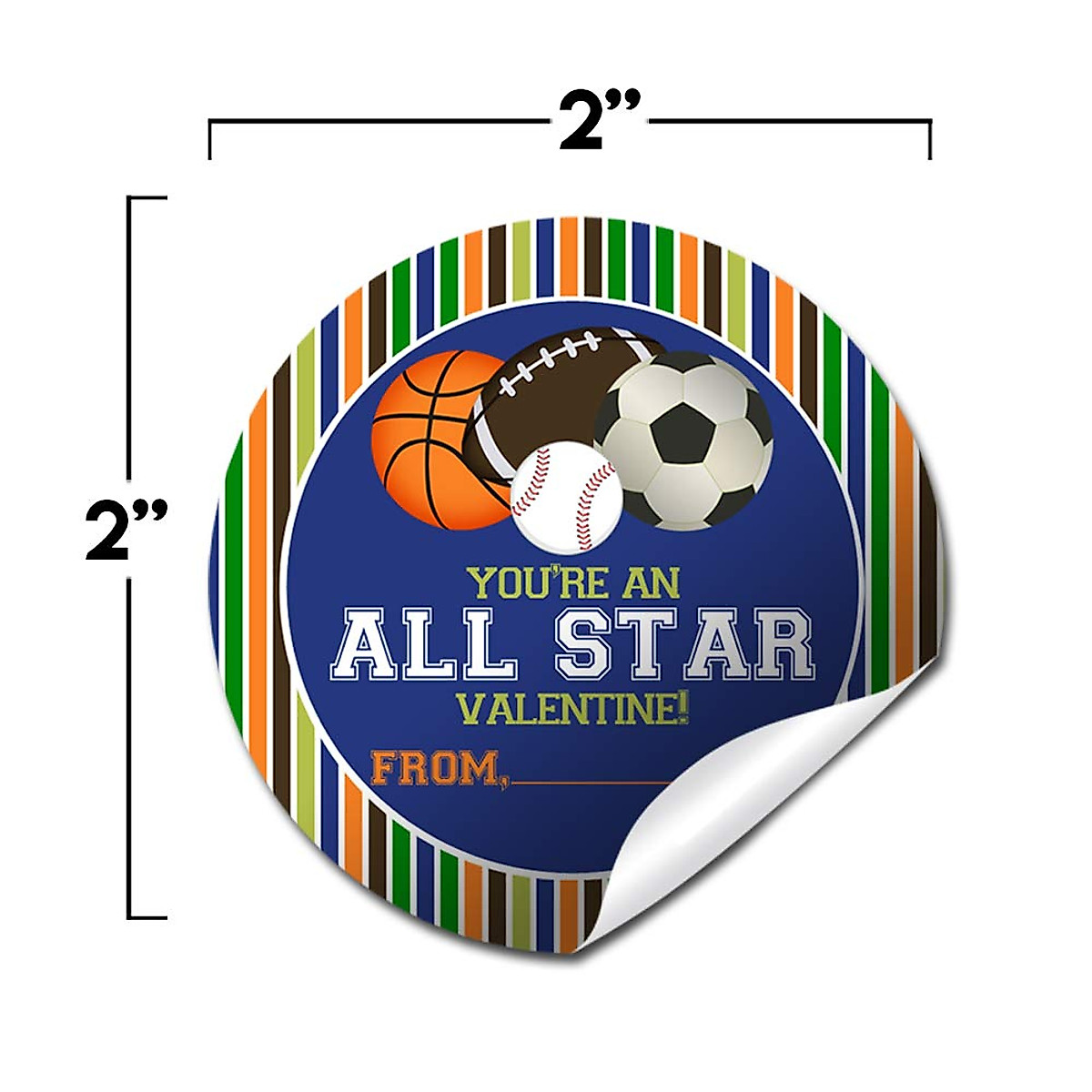 All Star Sports Valentine Party Favor Sticker Labels for Boys, 40 2" Party Circle Stickers by AmandaCreation, Great for Classroom Valentines, Envelope Seals, Gifts & Treats