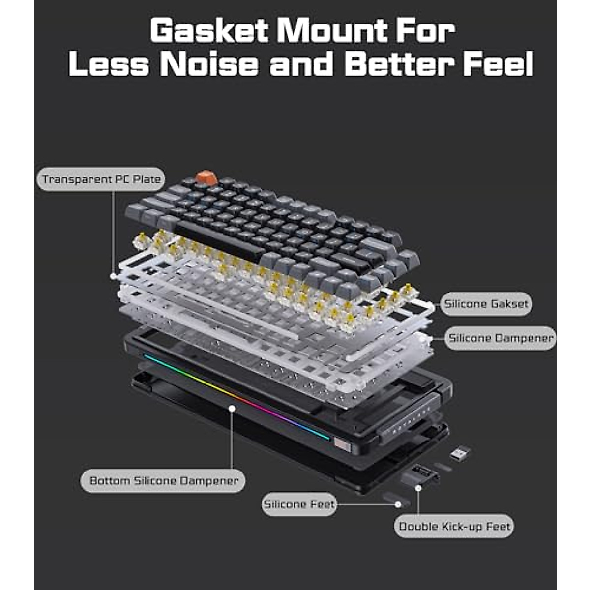 ROYALAXE L75 Wireless Mechanical Keyboard, Hot-swappable Wired/Bluetooth 5.0/2.4G Wireless Keyboard with RGB Backlit for Windows & Mac, PBT Keycaps, Gateron Yellow Switch Pro, Charcoal Gray