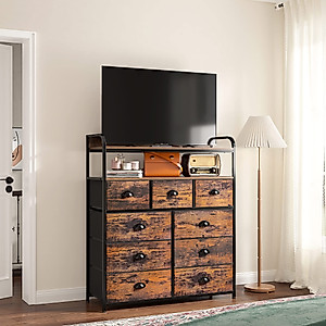 EnHomee Dresser, Tall Dressers for Bedroom with 9 Drawers, Dressers & Chests of Drawers for Bedroom with 2 Open Shelves and Metal Frame, Large Tall Bedroom Dresser for Bedroom, Closet, Rustic Brown