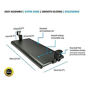 Aidata KB-1010 Desk-Clamp Keyboard Tray, Black, Easy to Install on Any Work Surface, Sturdy Metal Clamp Fits Onto Desks up to 40mm, Impact-resistant Tray Fits Standard Keyboards