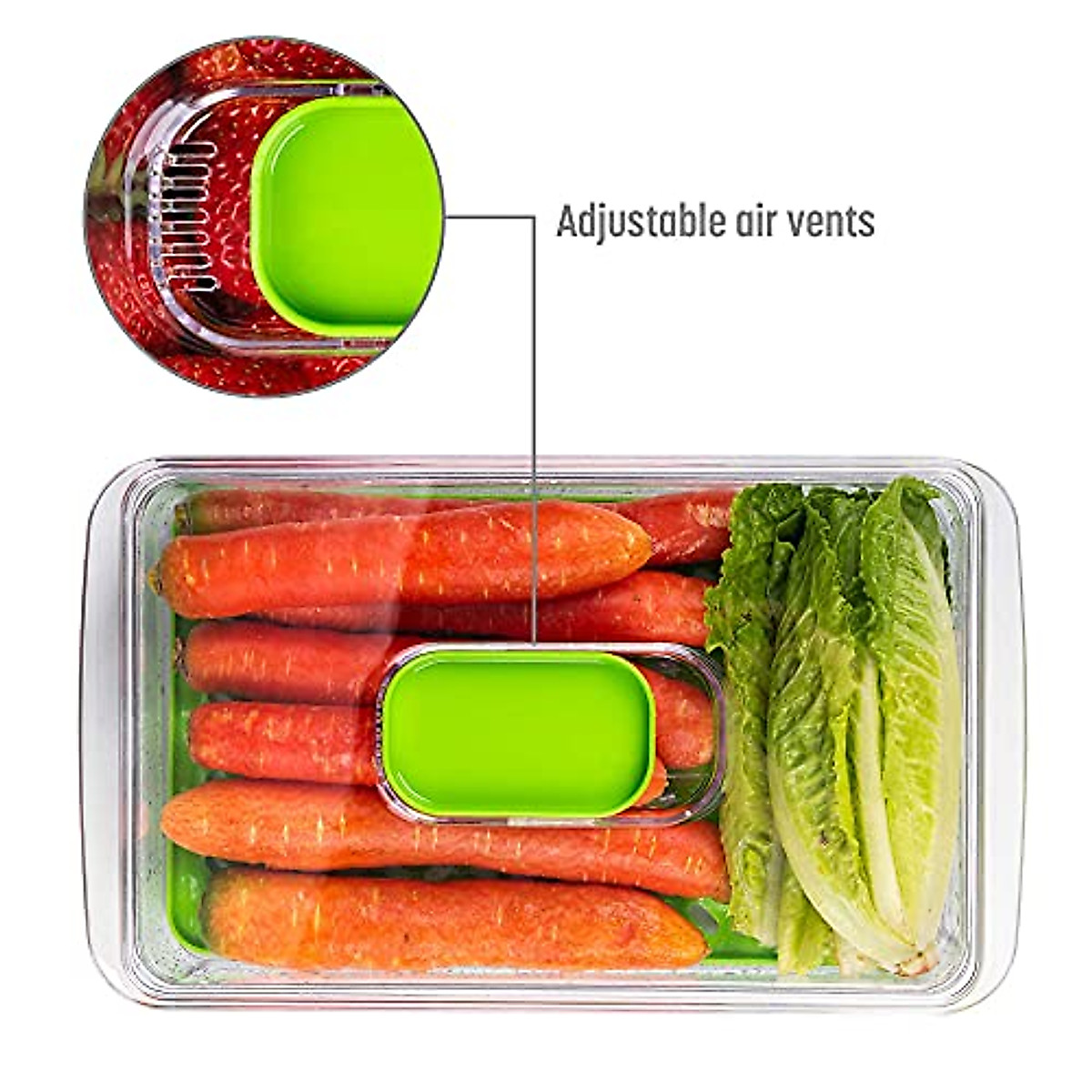 Goodful Produce Keeper, Adjustable Air Vents, Removable Insert/Colander, Durable Food Safe Material, Stackable, Clear and Green, Flat, 11.6" x 6.8" x 2.8"