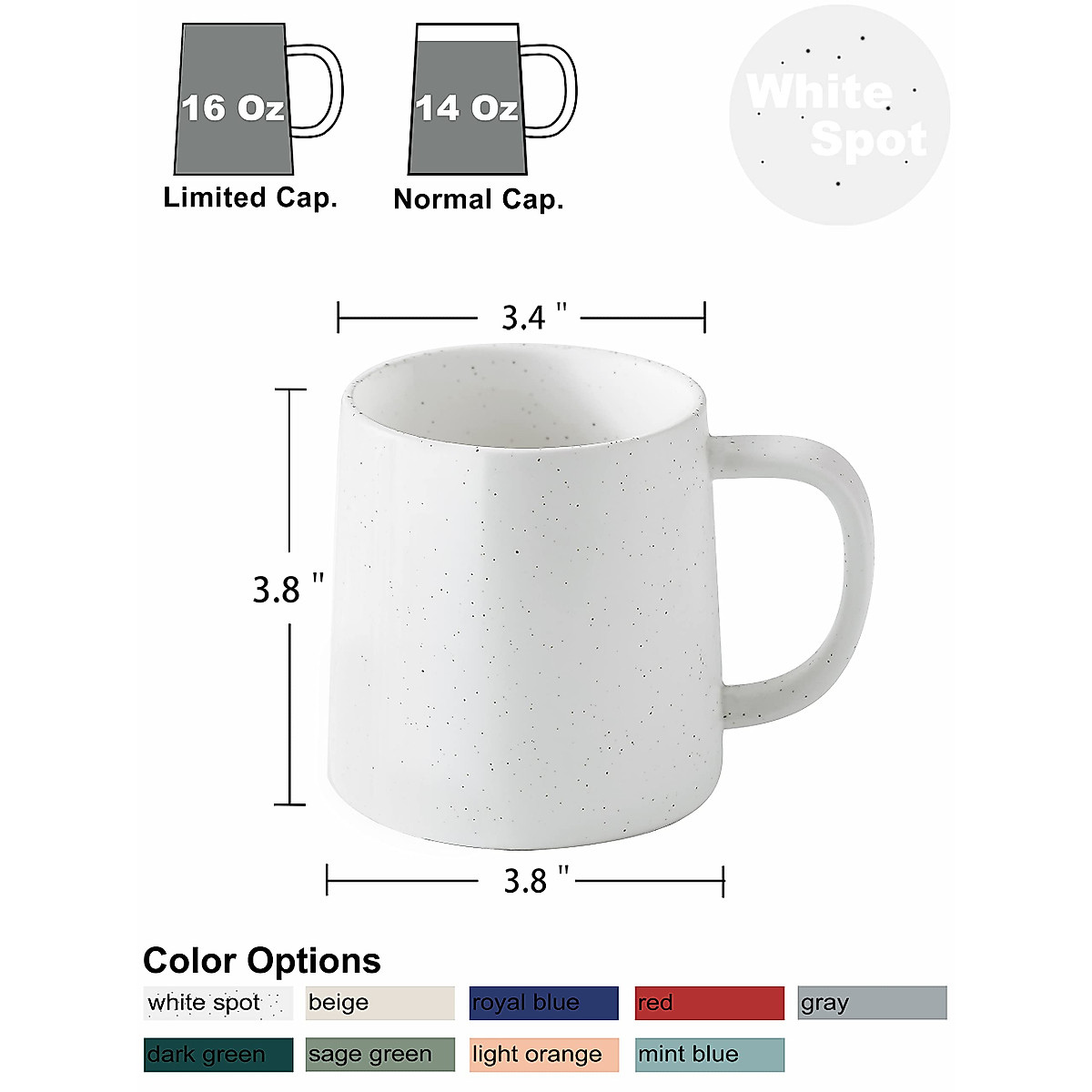 T-WARE 16 Oz Coffee Mugs Set of 2, White Speckled Ceramic Mug, Coffee Cups Ceramic