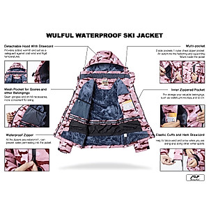 WULFUL Women’s Waterproof Snow Ski Jacket Mountain Windproof Winter Coat with Detachable Hood