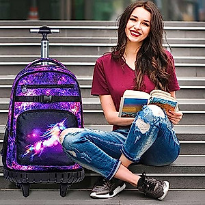 KLFVB Rolling Backpack for Women,3PCS Adult Wheeled Bag with Lunch Bag for Girls,Waterproof Roller Wheels Bookbag - Unicorn
