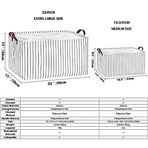 Hinwo 70L Extra Large Capacity Storage Basket Canvas Storage Bin Collapsible Storage Box with PU Leather Handles and Drawstring Closure, 22 by 15 inches, Waterproof Inner Layer, Grey Vertical Stripe