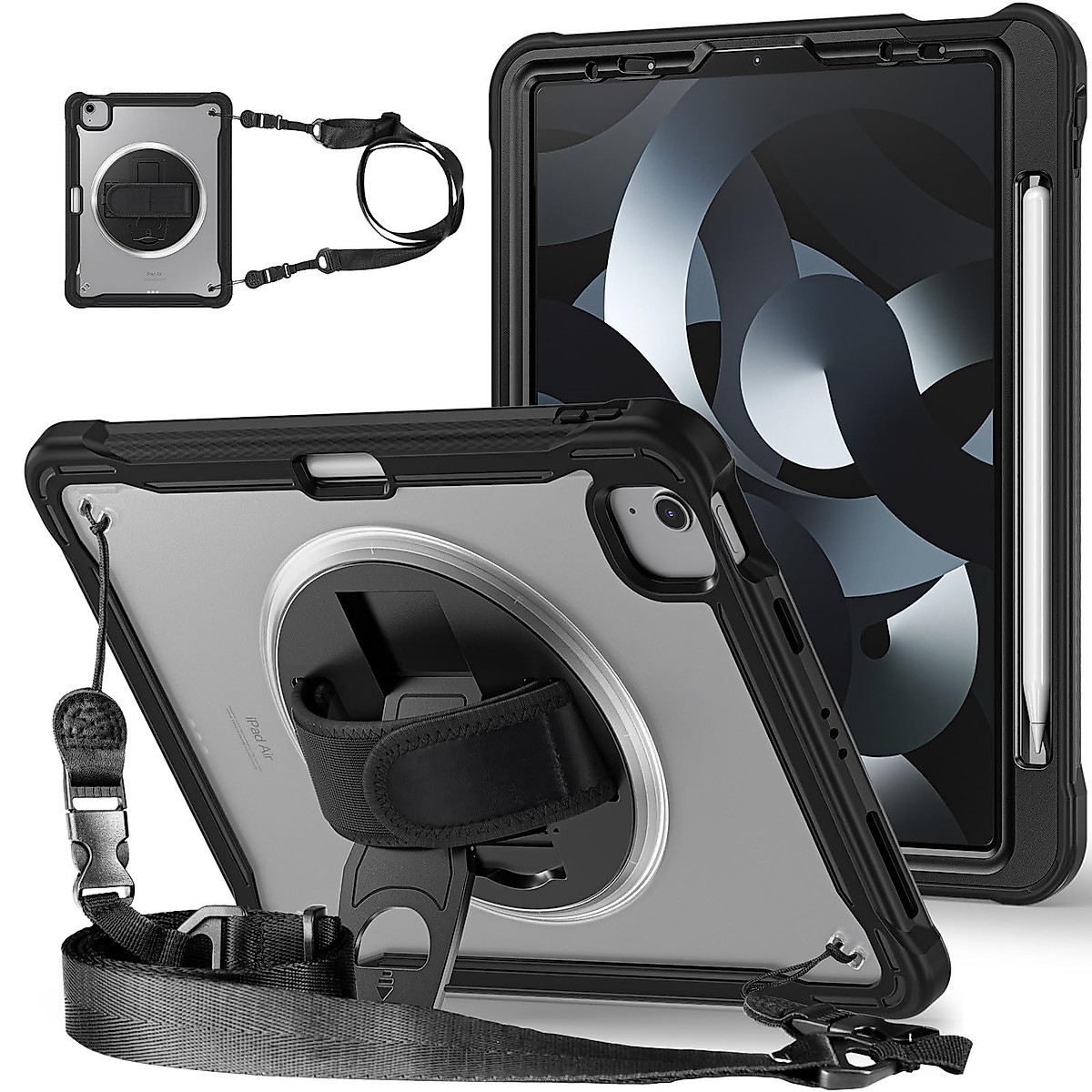 KYJX Tablet Case for iPad Pro 11 inch 2022/2021/2020/iPad Air 5th/4th, 360 Rotating Hand Strap Stand Heavy Duty Protective Cover with Shoulder Strap (Black)