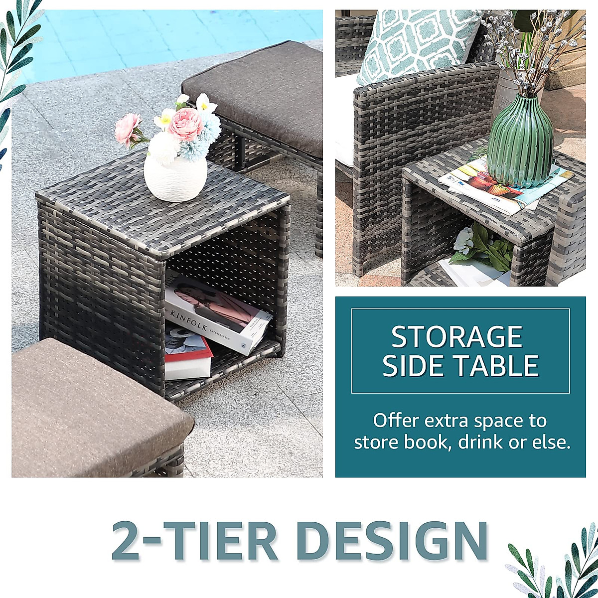 OC Orange-Casual Patio Furniture Wicker Conversation Set Pillows Included, Outdoor Loveseat Chairs with Ottomans, White Cushions w/Taupe Cushion Cover, Gray Wicker 6 Pieces