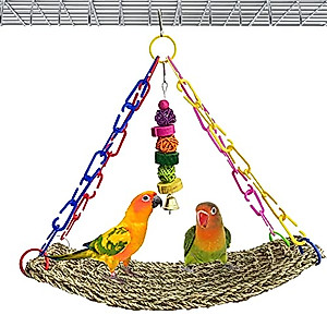 kathson Bird Seagrass Mat,Birds Swing Toy,Natural Grass Handmade Woven Hammock Hanging Parrot Lounger with Colour Toys for Lovebird,Cockatiel,Canary,Parakeets,Finch,Budgie (2 Pcs)
