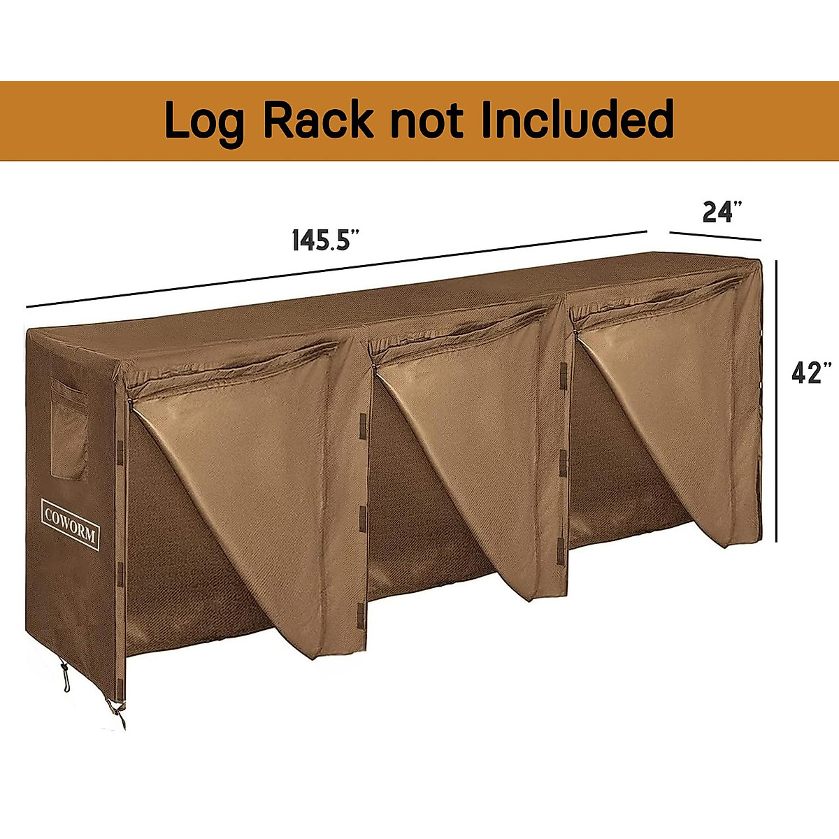 COWORM Heavy Duty Firewood rack cover 12 ft, 600D log rack cover Waterproof - Brown, with Zipper and Velcro (Log Rack not Included)