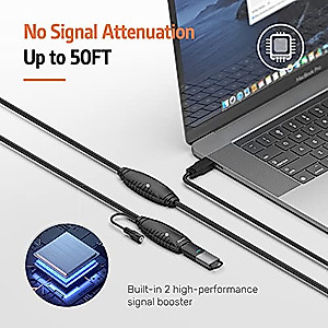 Alxum USB 3.0 Extension Cable 50FT, Active USB Extension Cable Male to Female Long 15Meter, USB 3.0 Extender Cord with 2 Signal Boosters for Printer, Webcam, Xbox, Keyboard, with 5V2A Power Adapter