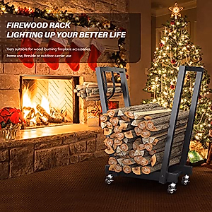 Unikito Indoor Firewood Rack Log Holder Stand for Patio, Fire Wood Rack Stand with Kindling Holder for Indoor Fireplace, Outdoor Patio Wood Fire Pit Stove, Wood Storage Stacker with Wheels, Black